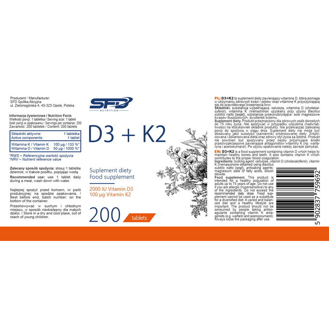 SFD D3 + K2 Suplement Diety 200 Tabletek - sklep Cocolita